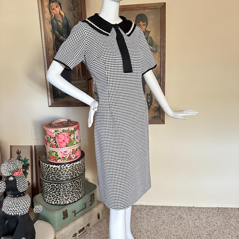 Vintage 60s/70s Mod Dolly Collar B&W Graph Polka Dot Necktie Dress XL ...
