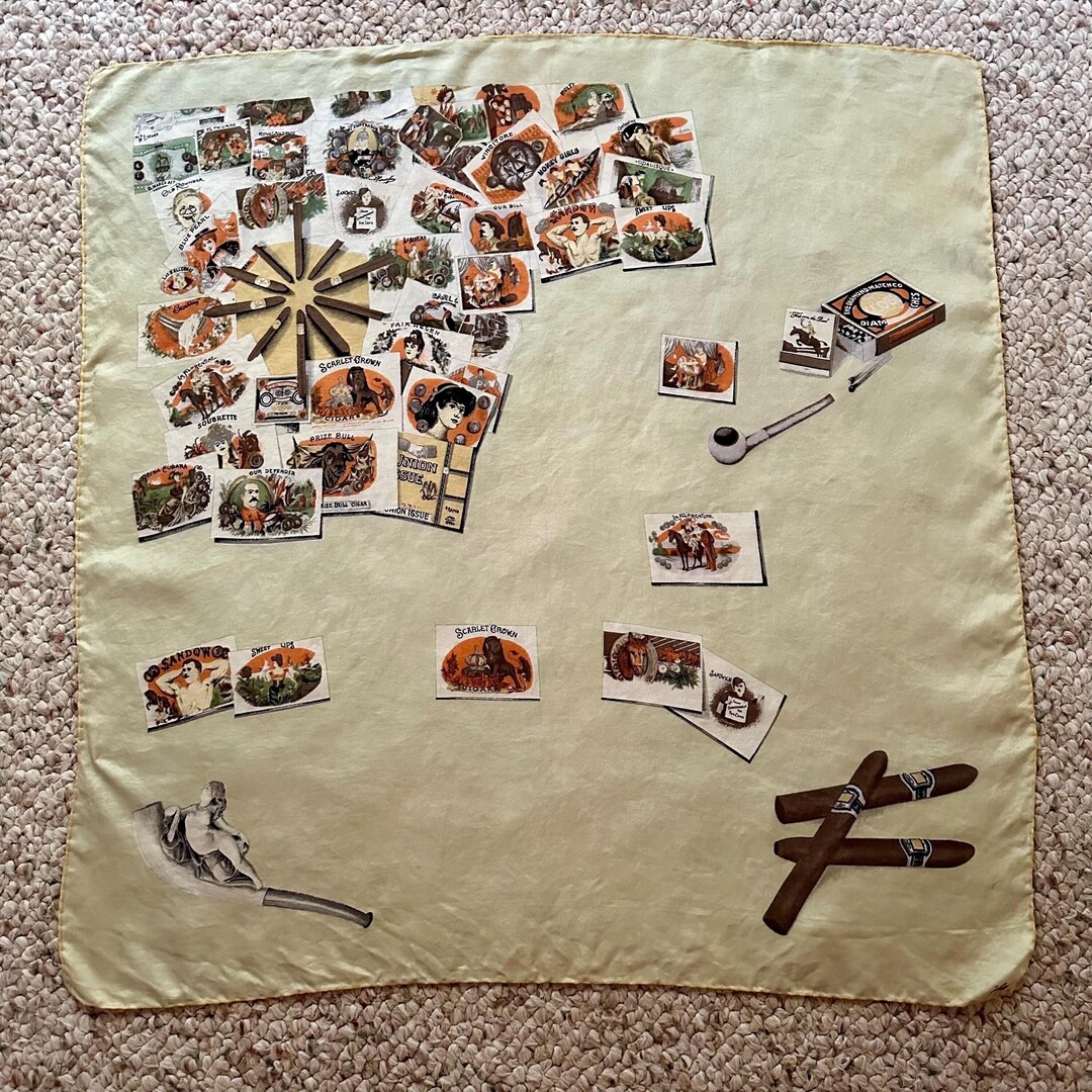 Vintage 1960s Cigar Art Silk Scarf Novelty Print Pipes Wrappers Tobacco ...
