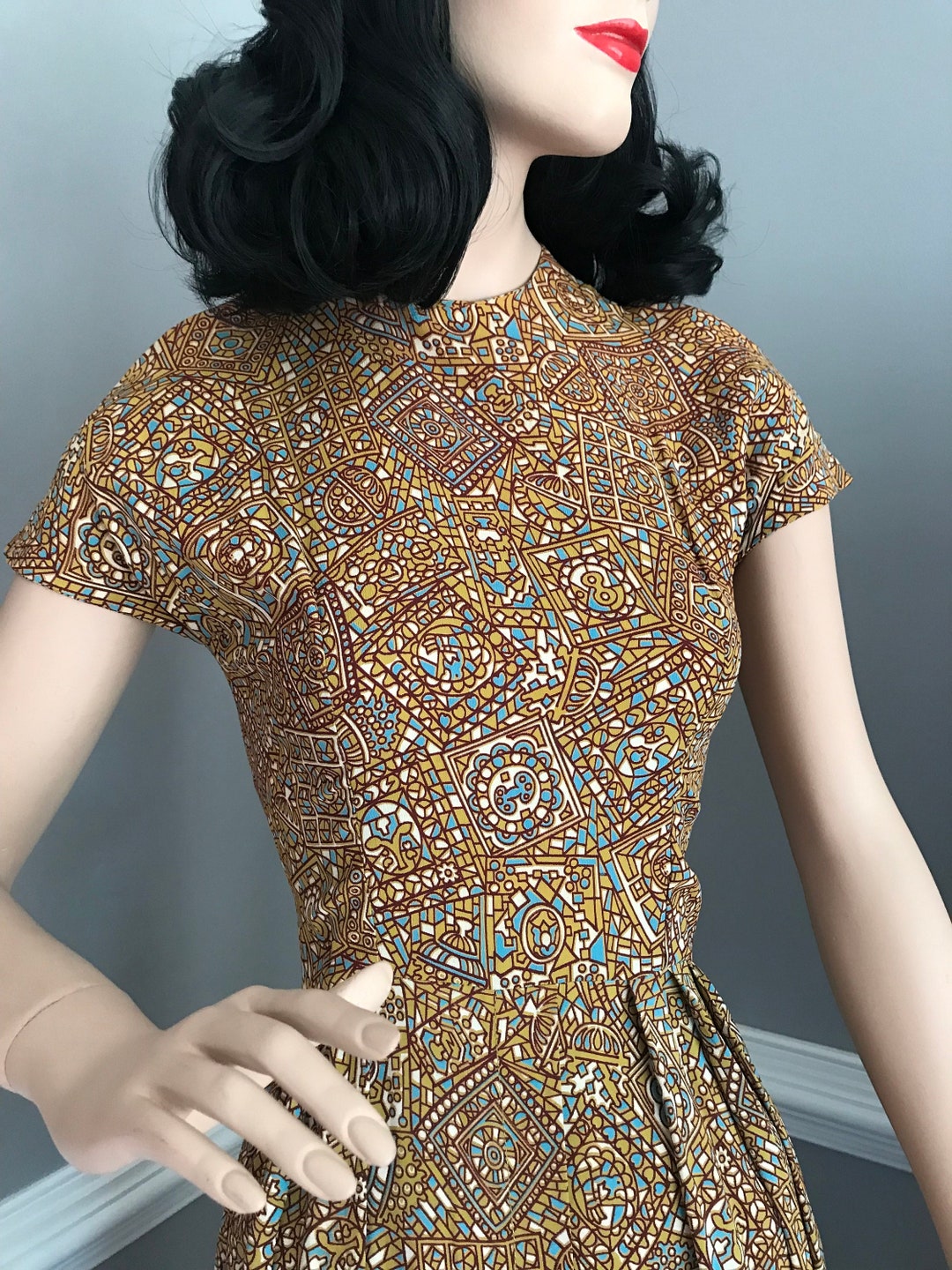 Vintage 1940s Novelty Print Dress Stained Glass Audrey Day Dress XS/S ...