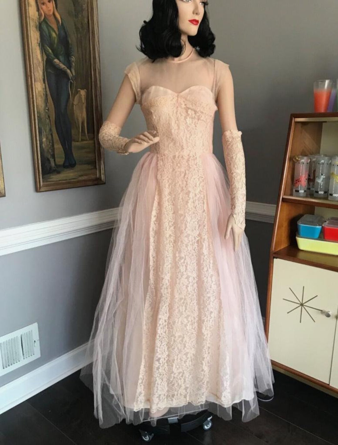 Vintage 1950s Prom Dress Pink Lace & Tulle W/lace Gauntlet Gloves S - Etsy