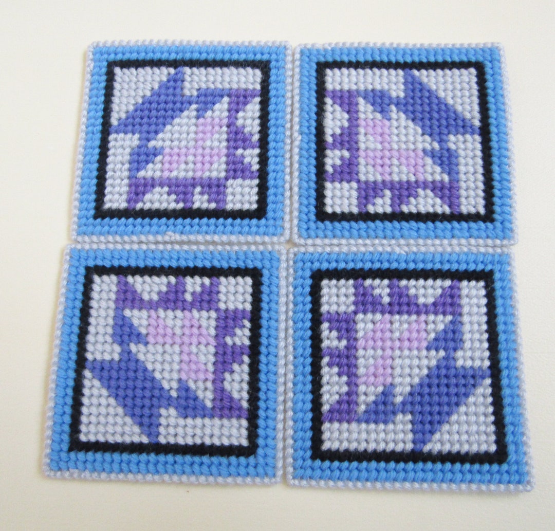 Quilt Block Basket Design Coasters in Shades of Purple/blue. Four ...
