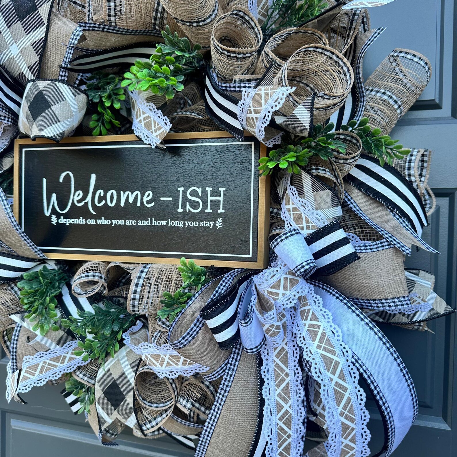 Welcome-ish Everyday Wreath, Farmhouse Front Door Decor With Black and ...