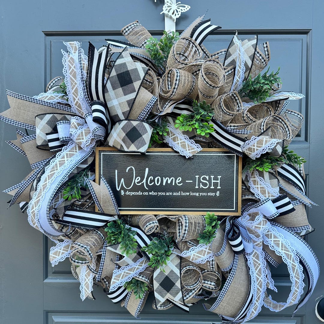 Welcome-ish Everyday Wreath, Farmhouse Front Door Decor With Black and ...
