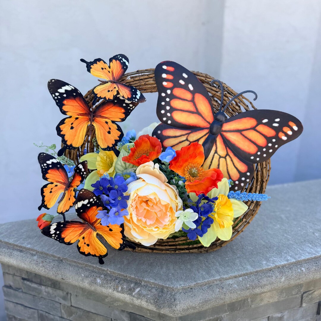Butterfly Basket Arrangement, Spring Floral Decor, Elegant Garden Front ...