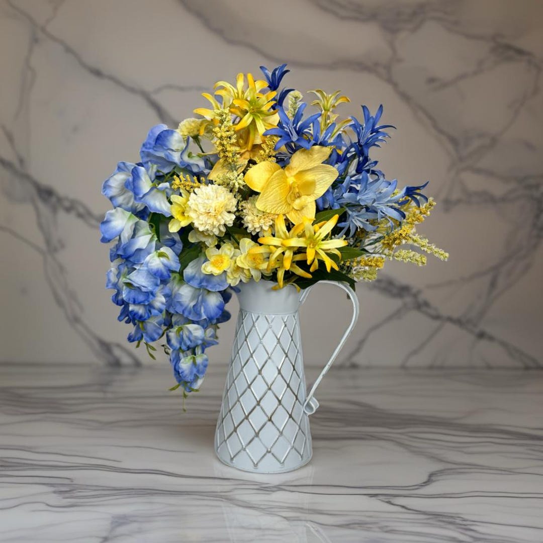 Blue and Yellow Floral Arrangement in White Pitcher, Cottagecore Spring ...