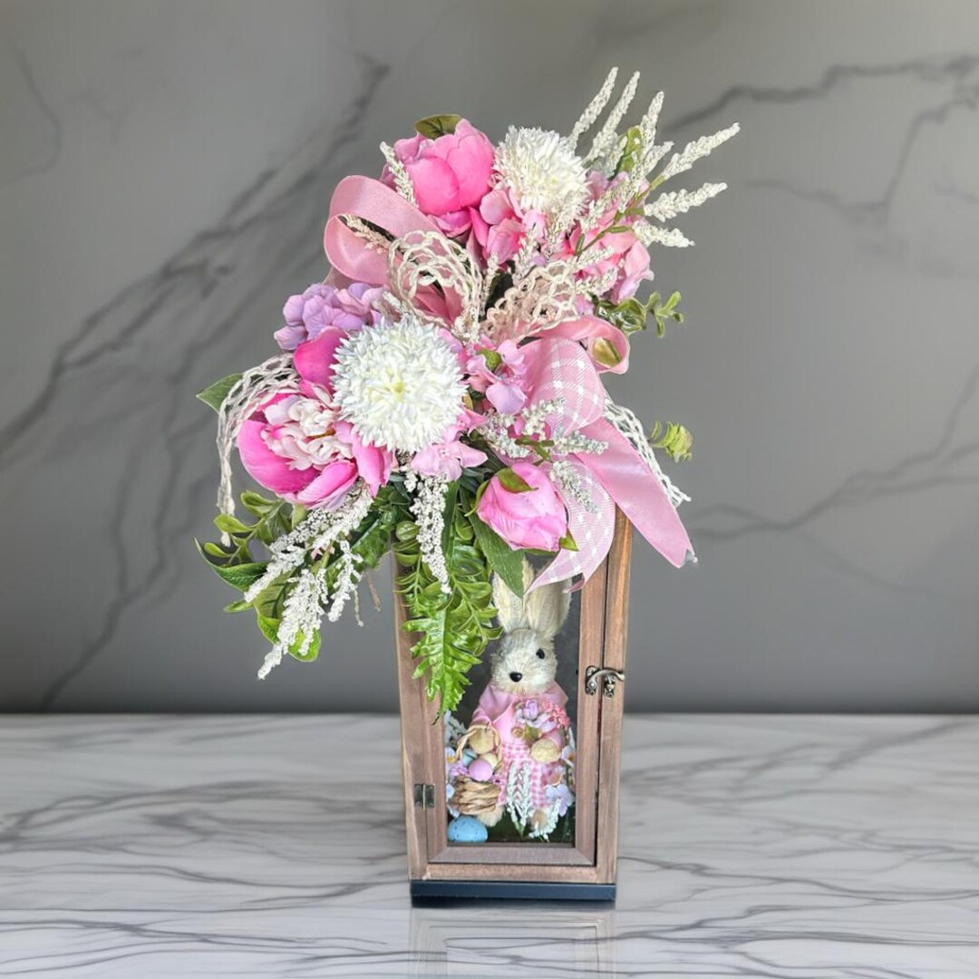 Spring Lantern Topper With Faux Floral Swag, Easter Bunny Lantern Decor ...