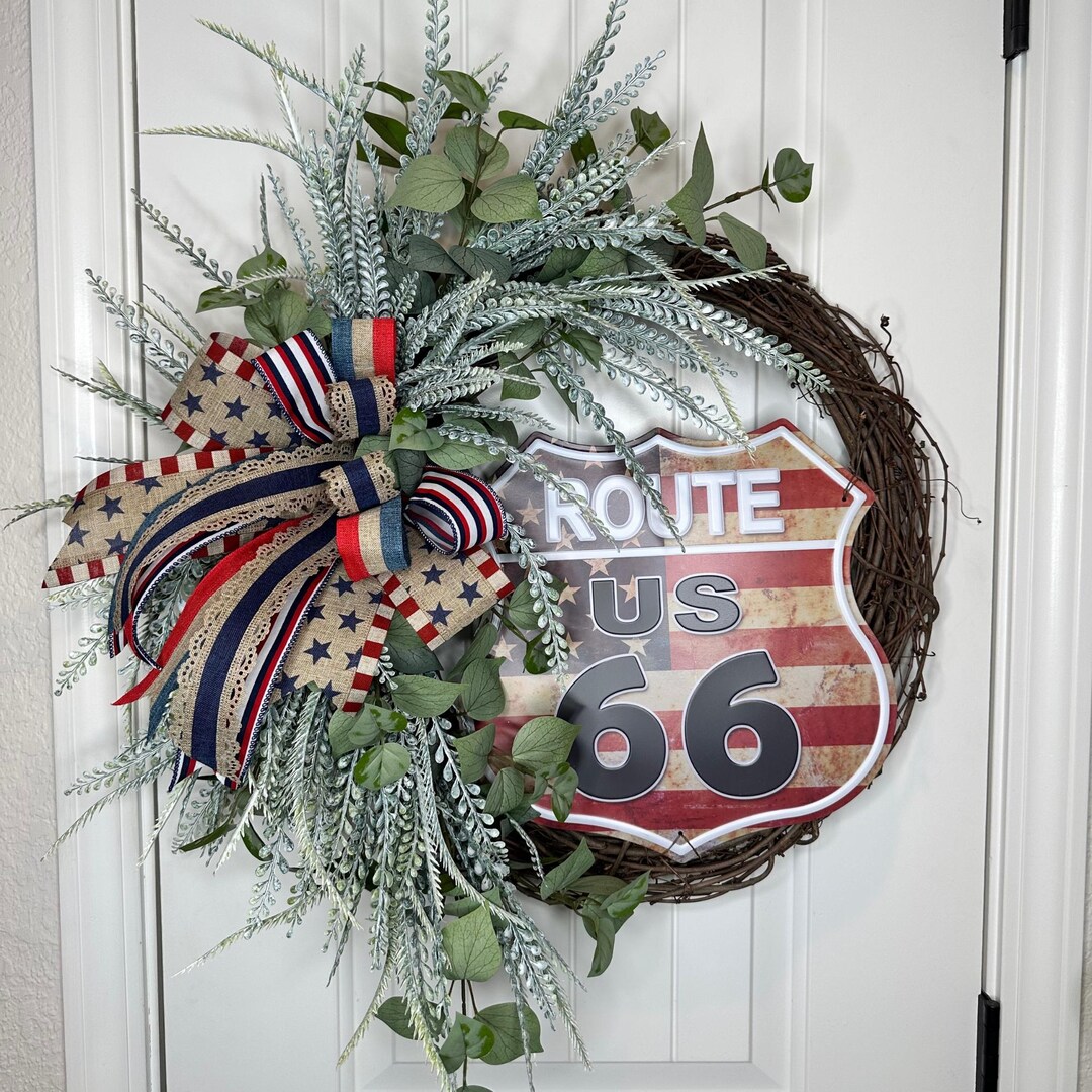Route 66 Wreath, Patriotic Americana Door Decor, Rustic US Flag ...