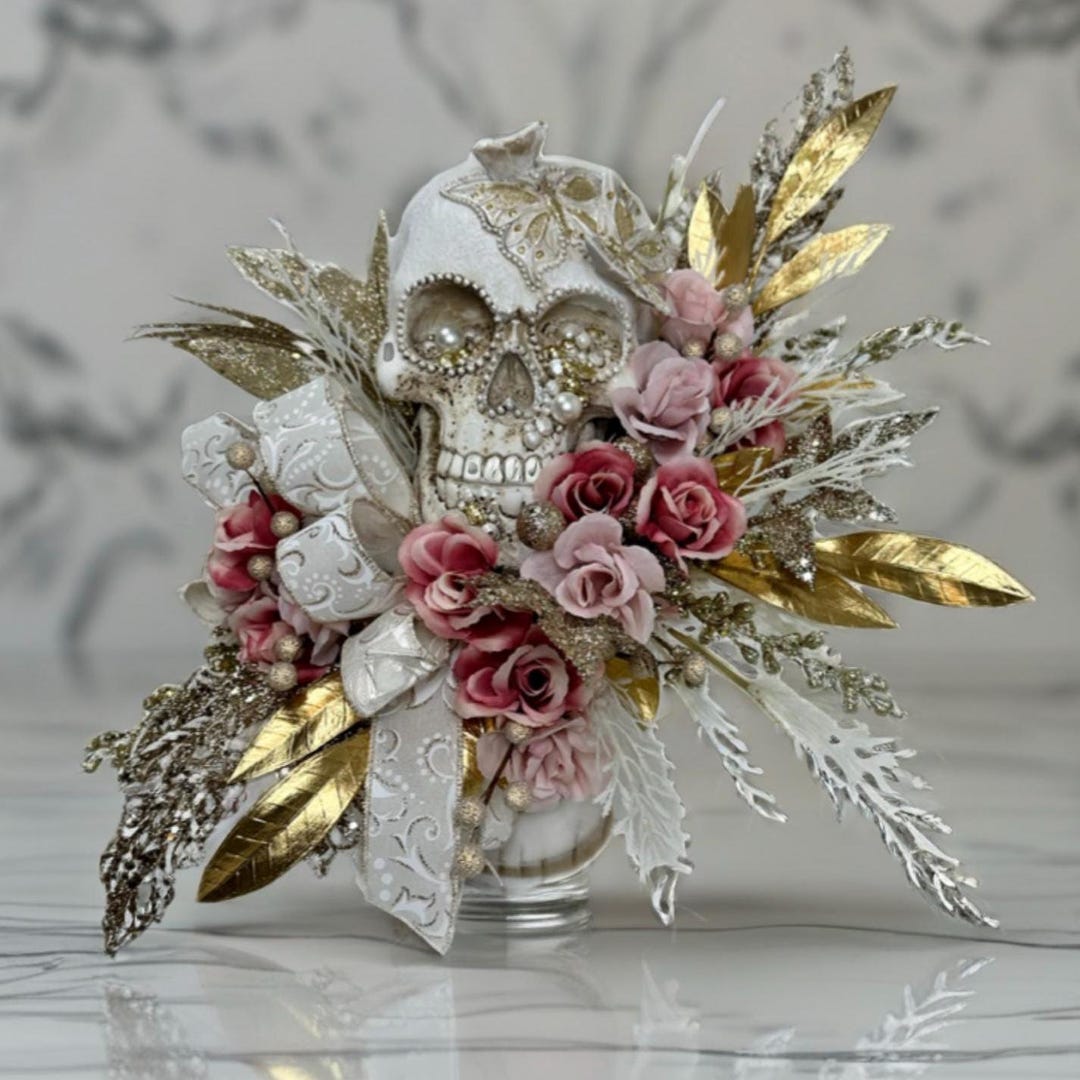 Glam Skull Floral Arrangement With Pink Roses, Gothic Halloween Decor ...