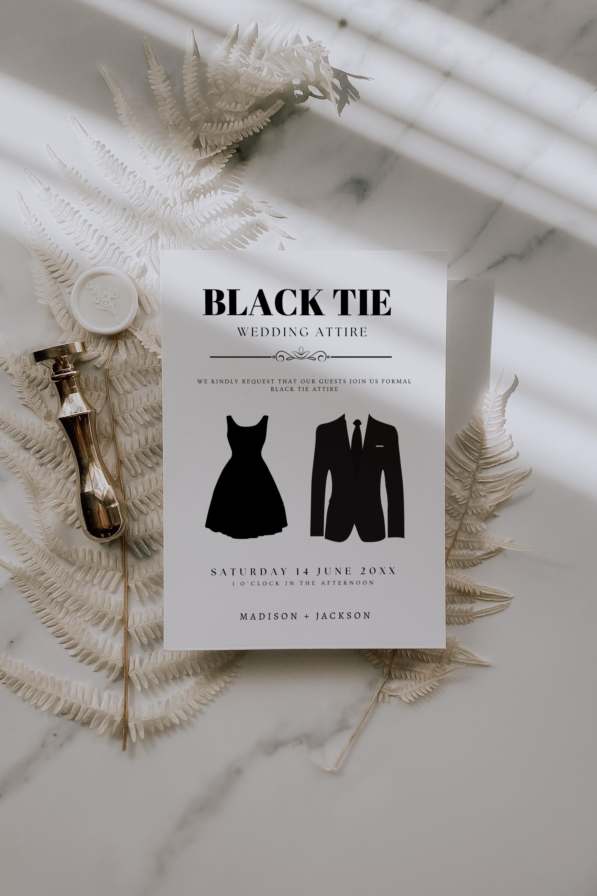 Black Tie Attire Card, All Black Attire Card, Wedding Attire Card ...