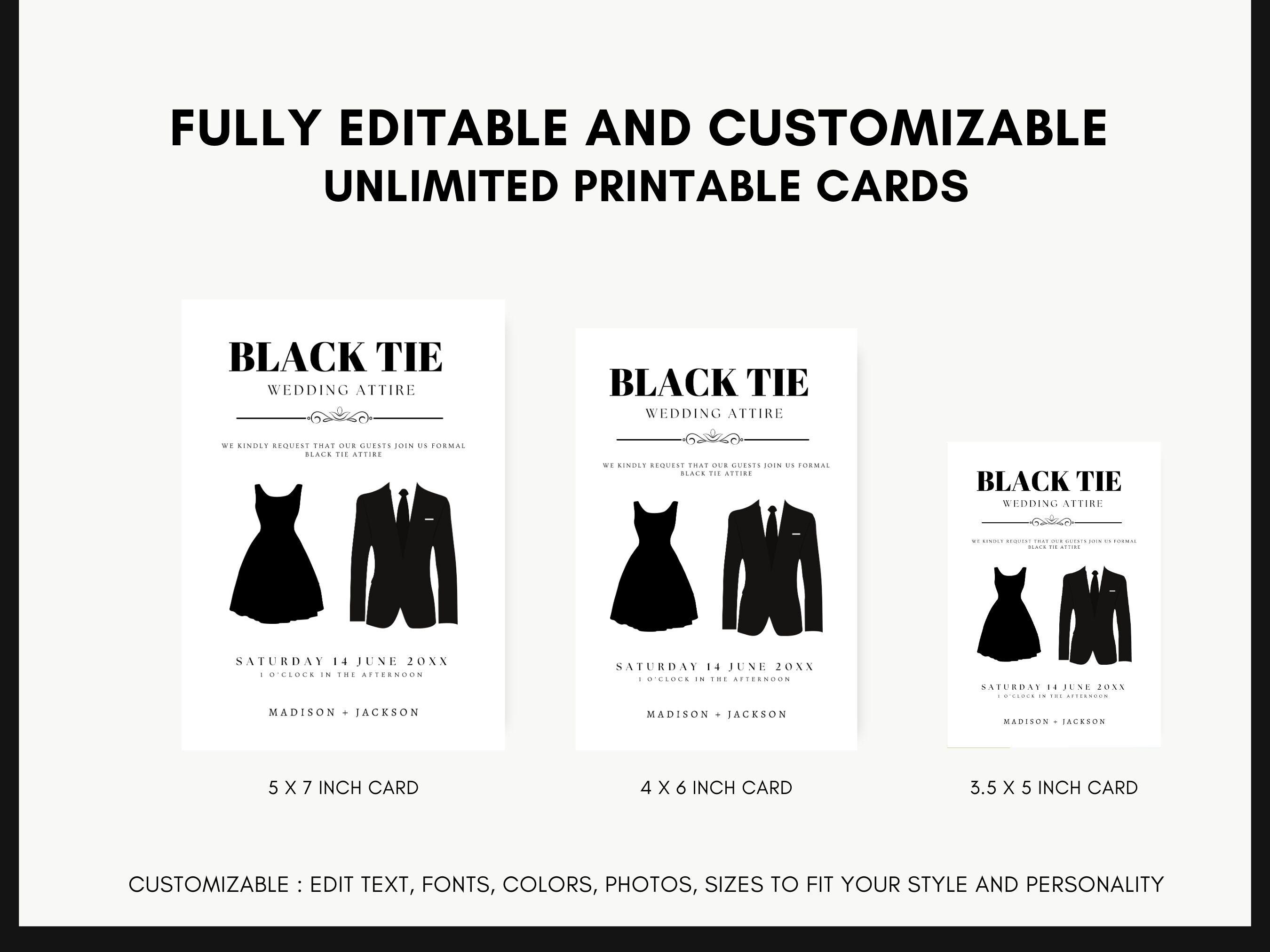 Black Tie Attire Card, All Black Attire Card, Wedding Attire Card ...