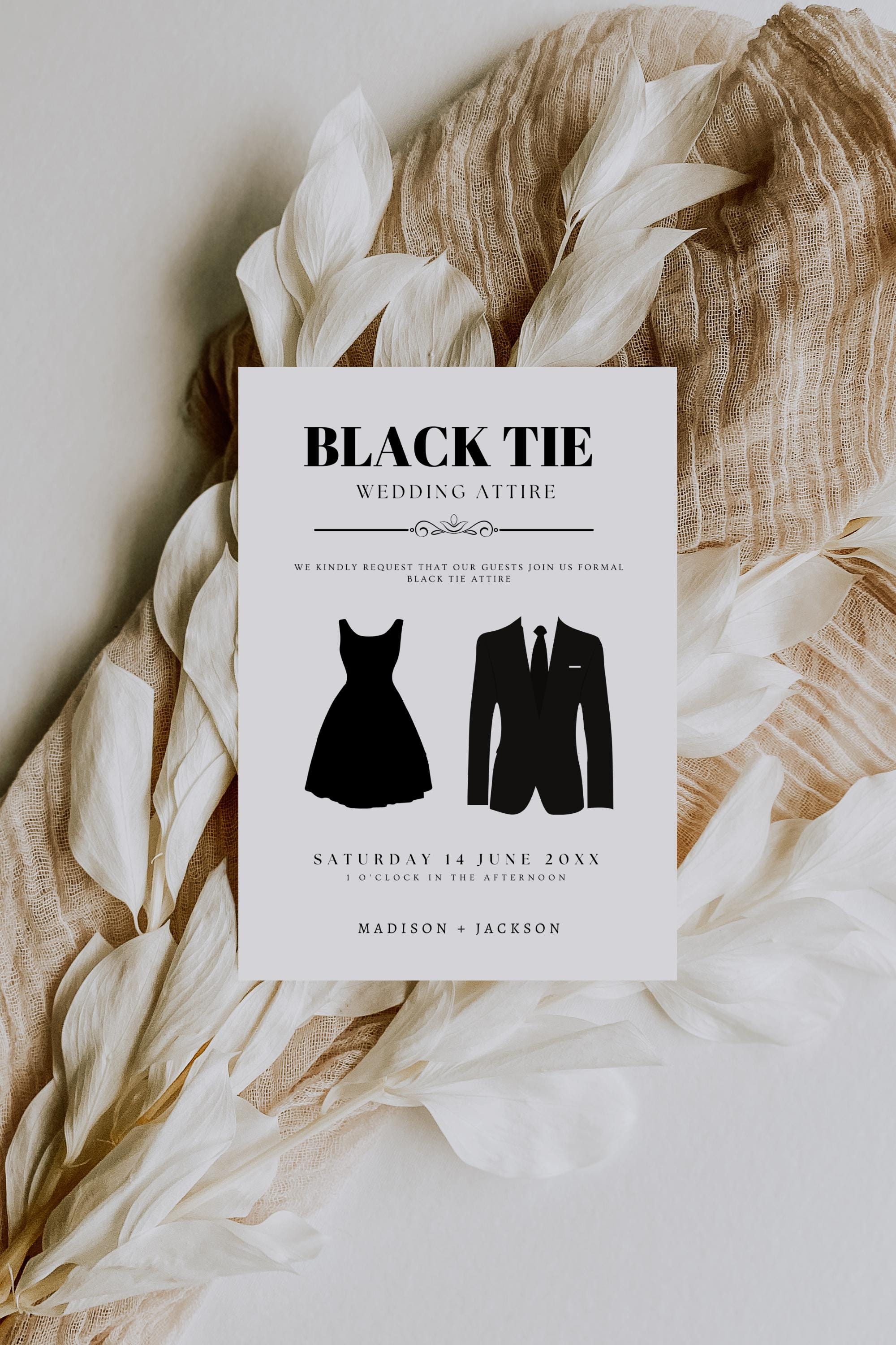 Black Tie Attire Card, All Black Attire Card, Wedding Attire Card ...