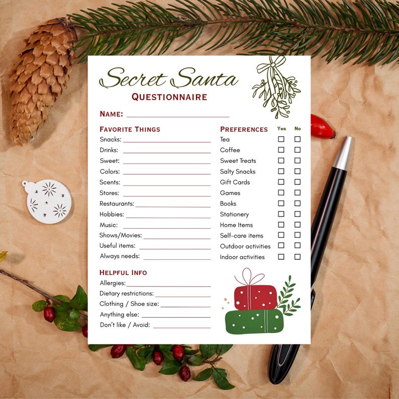 Secret Santa Questionnaire: Christmas Gift Exchange Game (editable PDF ...