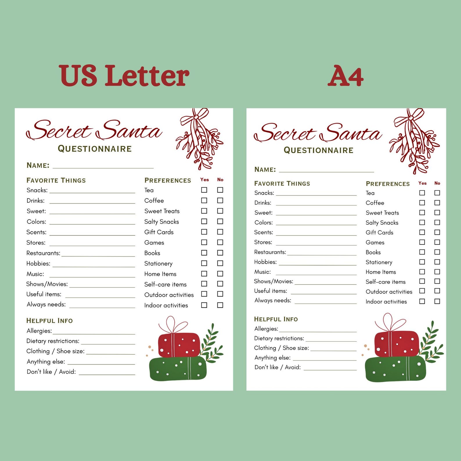 Secret Santa Questionnaire (red): Printable Gift Exchange Game (A4 US ...