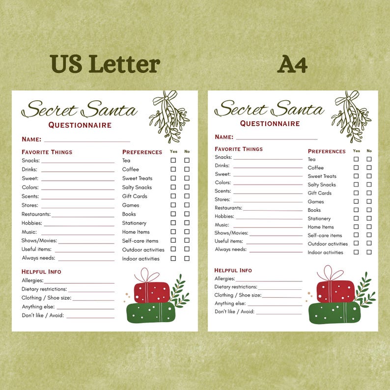 Secret Santa Questionnaire: Christmas Gift Exchange Game (editable PDF ...