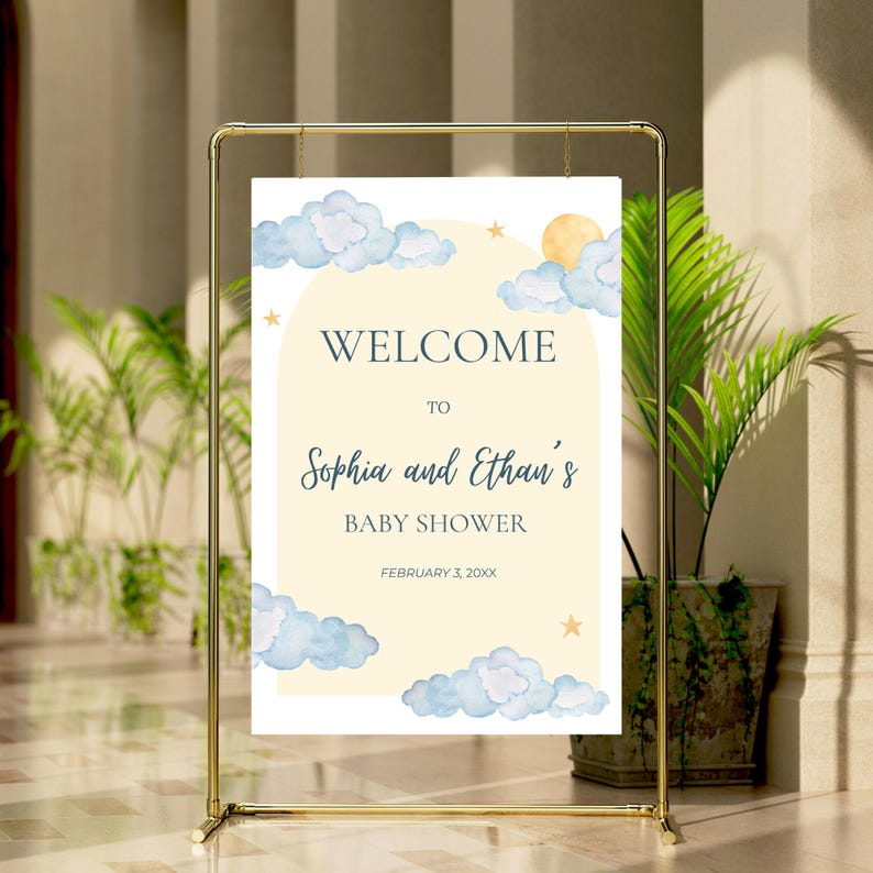 Moon & Cloud Baby Shower Welcome Sign Template, Editable Canva, Neutral ...