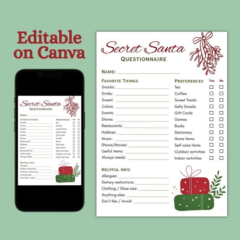 Secret Santa Questionnaire (red): Printable Gift Exchange Game (A4 US ...