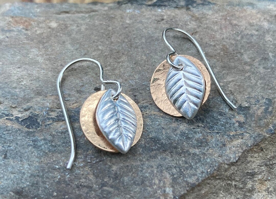 Leaf Earrings in Sterling Silver and Gold, Small Leaf Earrings, Gold ...