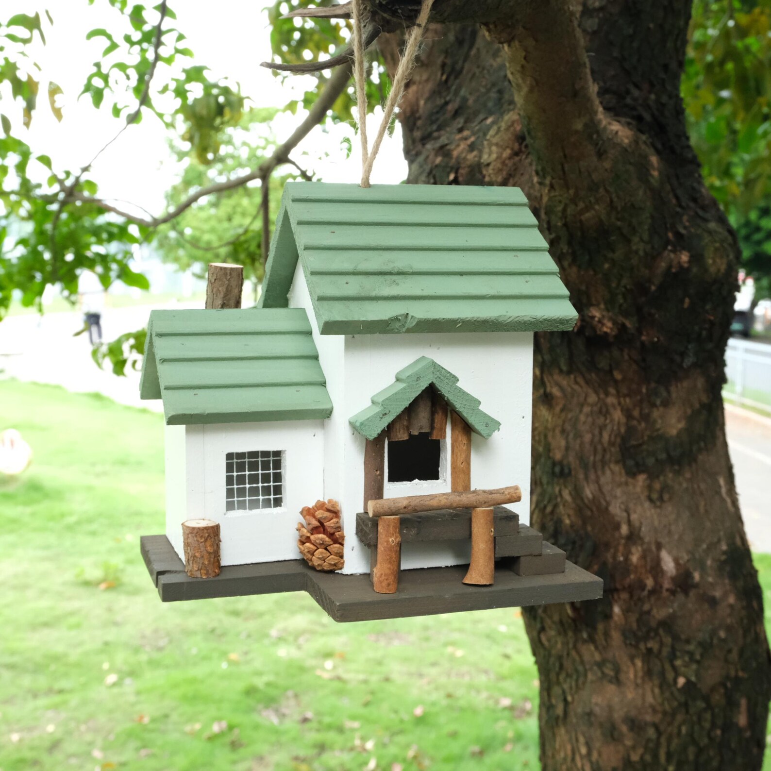 Creative Green Log Cabin Wooden Bird House, Garden Bird Lovers Gift ...