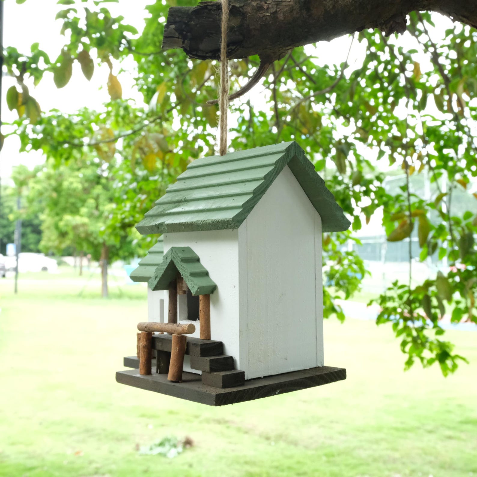 Creative Green Log Cabin Wooden Bird House, Garden Bird Lovers Gift ...