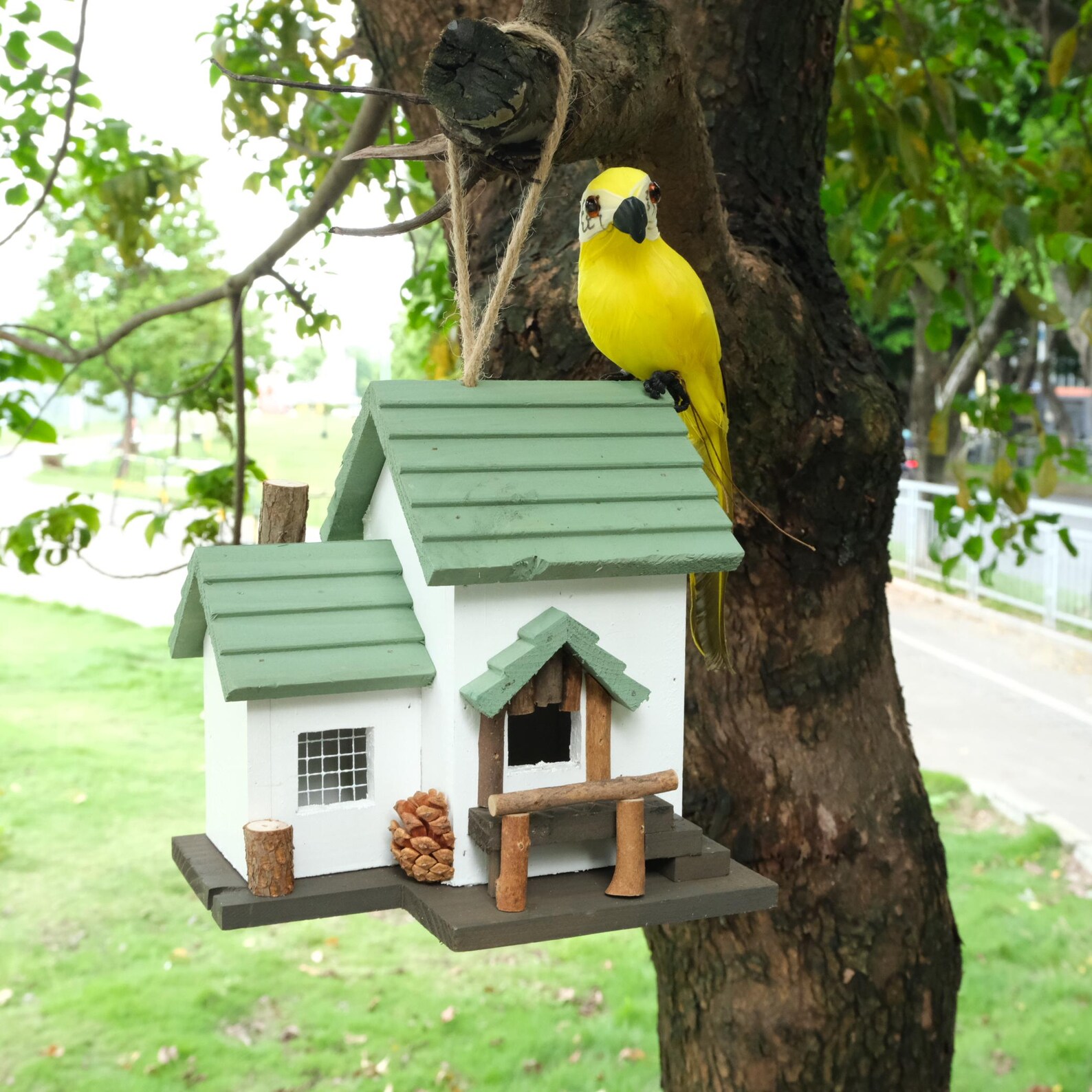 Creative Green Log Cabin Wooden Bird House, Garden Bird Lovers Gift ...