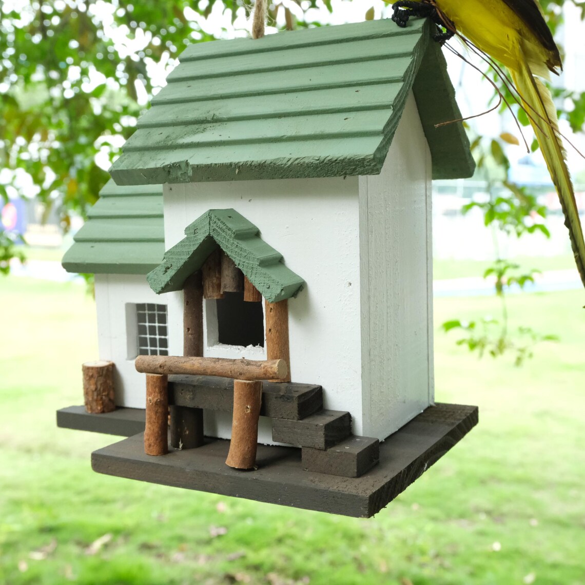 Creative Green Log Cabin Wooden Bird House, Garden Bird Lovers Gift ...