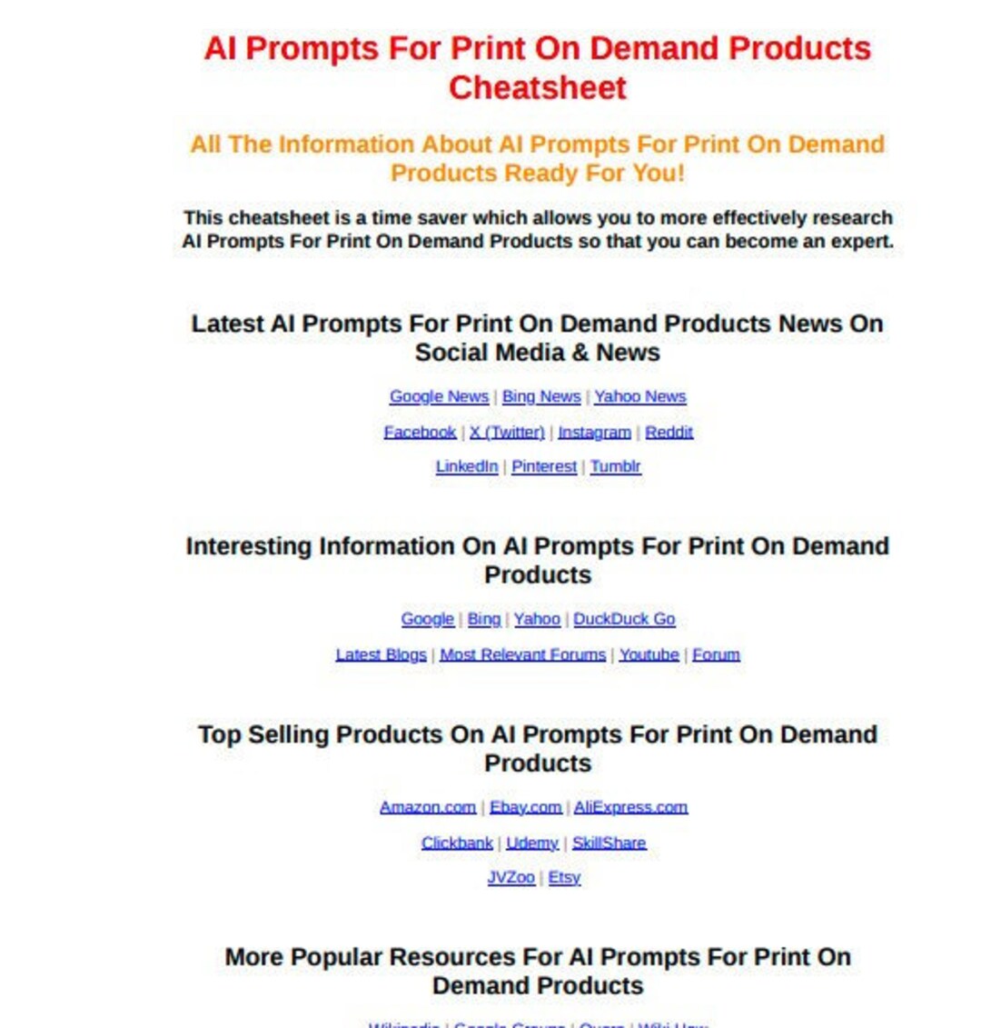 Print on Demand AI Prompts Cheat Sheet - Etsy