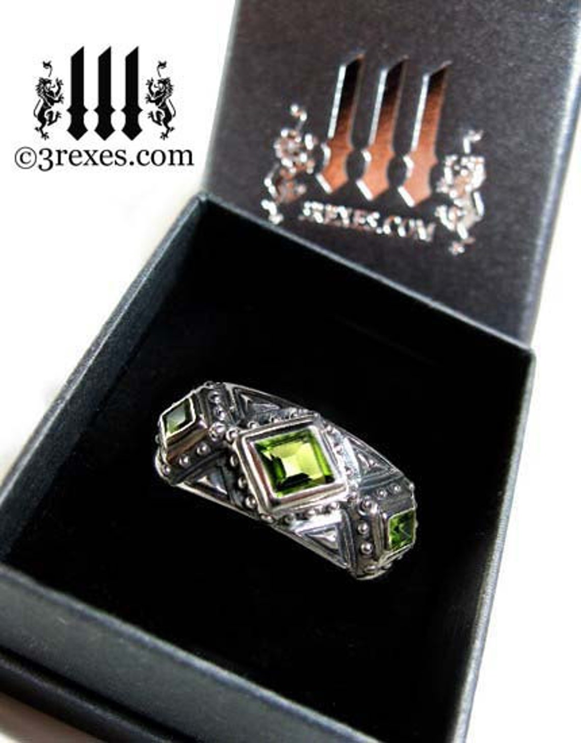 3 Kings Wedding Ring Green Peridot Stone Mens Medieval Silver Band Size ...