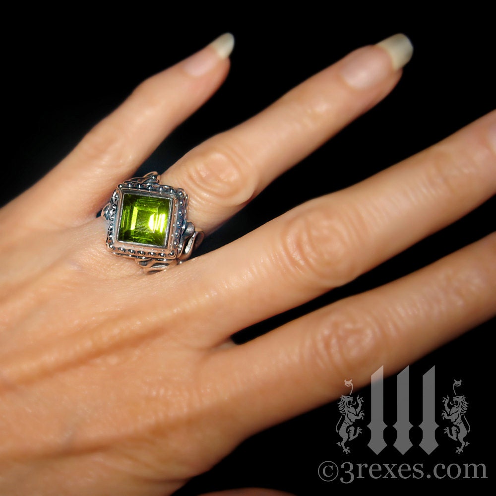 Sterling Silver Peridot Ring, Victorian Gothic Engagement Band, Size 8 ...