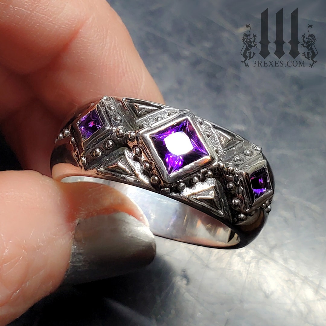 3 Kings Wedding Ring Purple Amethyst Stone Stone Unisex Medieval Silver ...