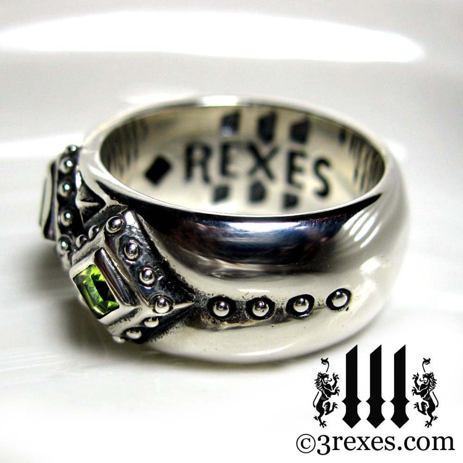 3 Kings Wedding Ring Green Peridot Stone Mens Medieval Silver Band Size ...