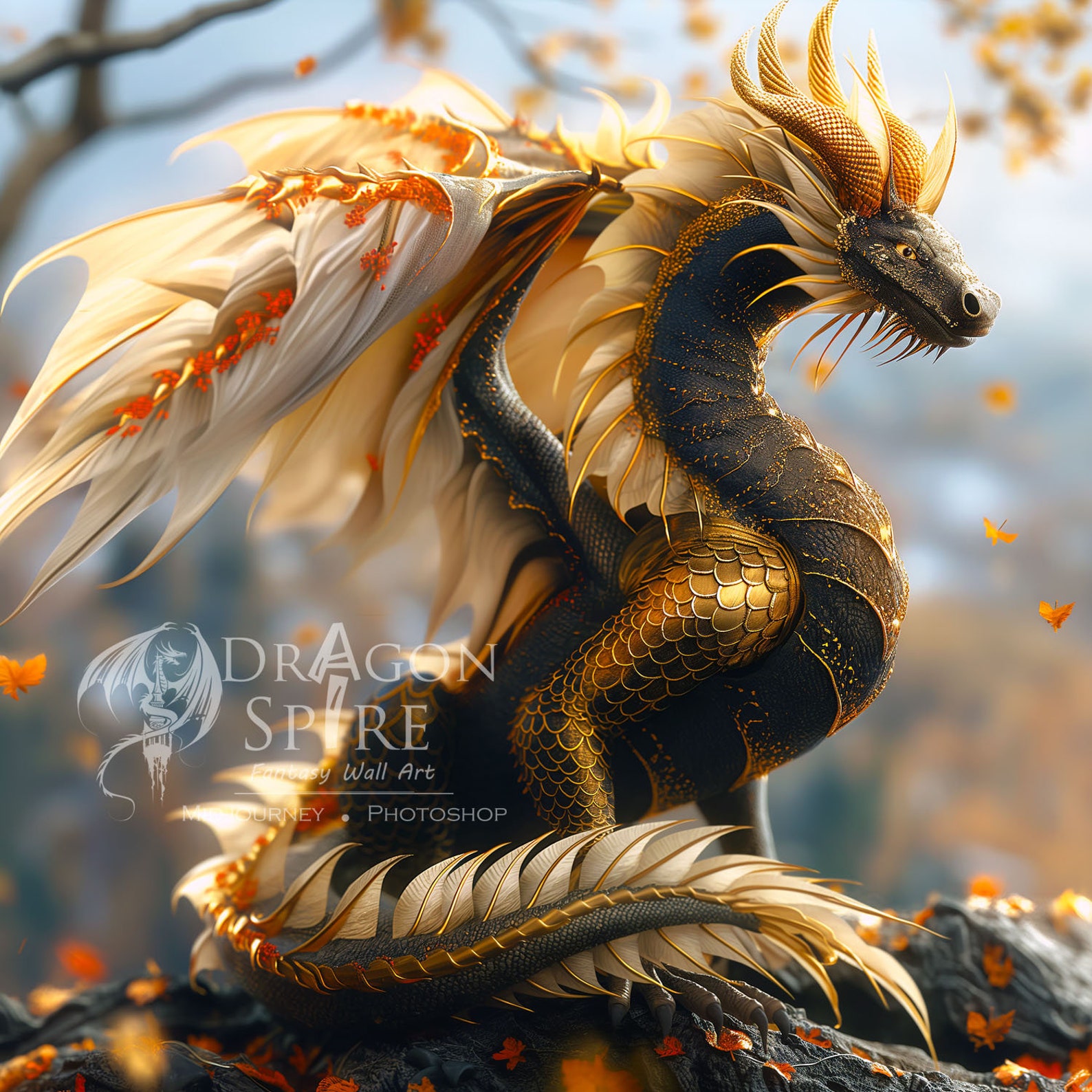 Elegant Black Dragon Canvas | Majestic Dragon With White Feathery Wings ...