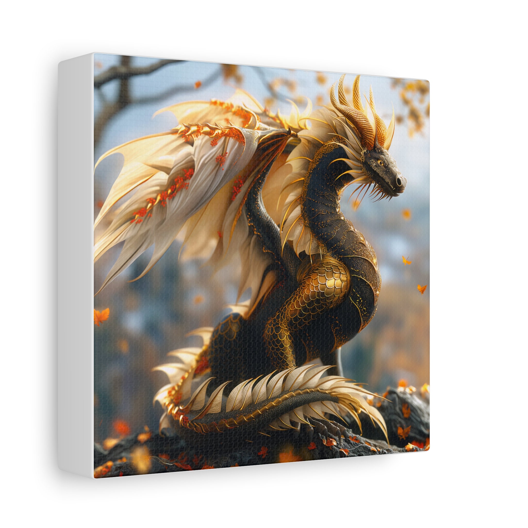 Elegant Black Dragon Canvas | Majestic Dragon With White Feathery Wings ...