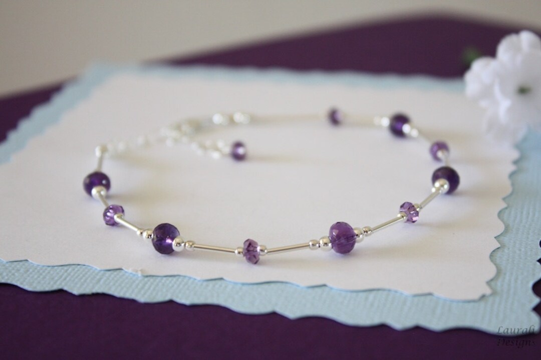 Amethyst Anklet and Sterling Silver, Purple Anklet, Silver Anklet, Beach, Vacation, Beach ...