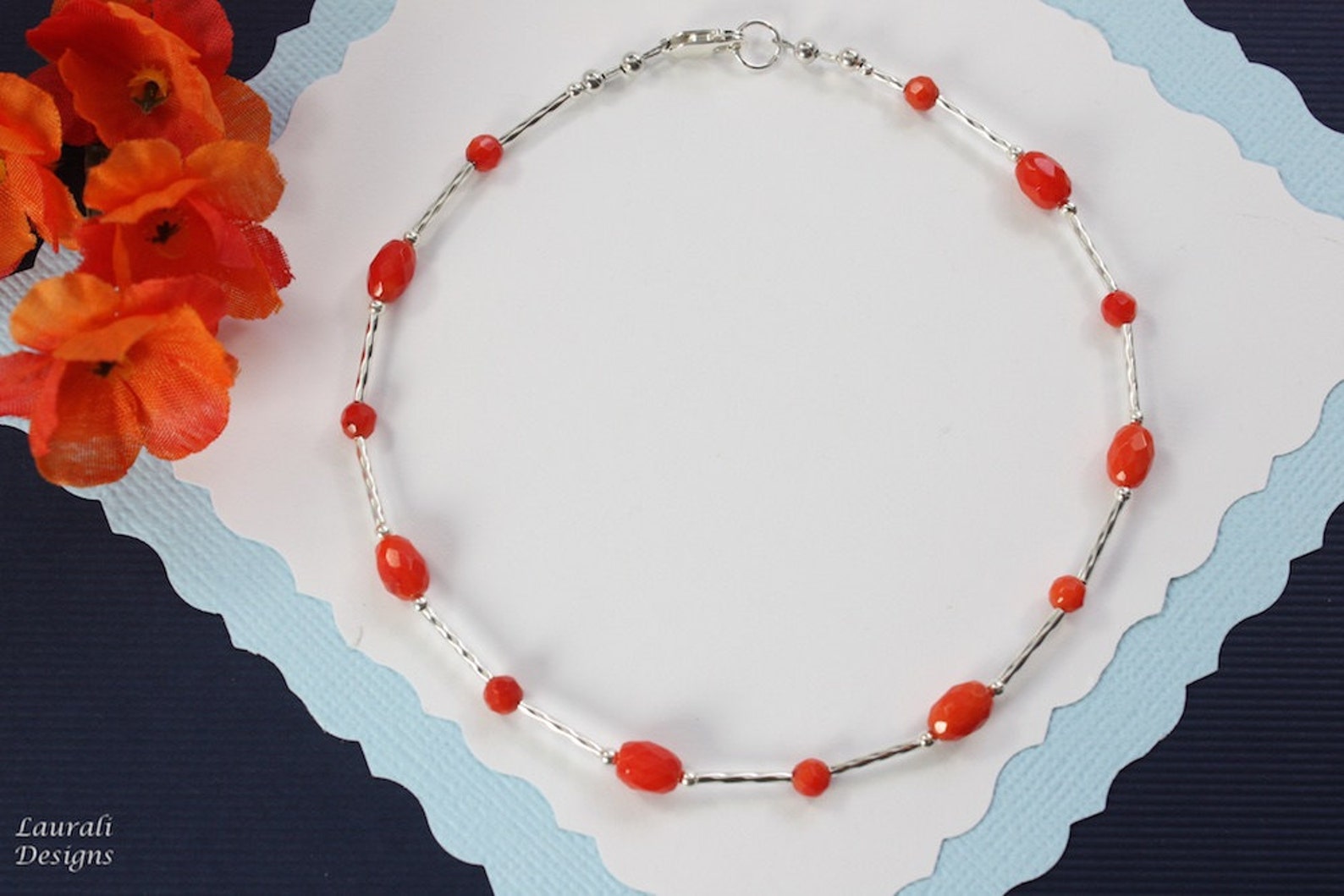 Coral Anklet and Sterling Silver, Red Anklet, Silver Anklet, Beach ...