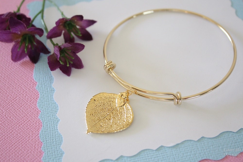 Gold Leaf Bangle, Real Leaf Bracelet, Gold Aspen, Gold Brass, Leaf ...