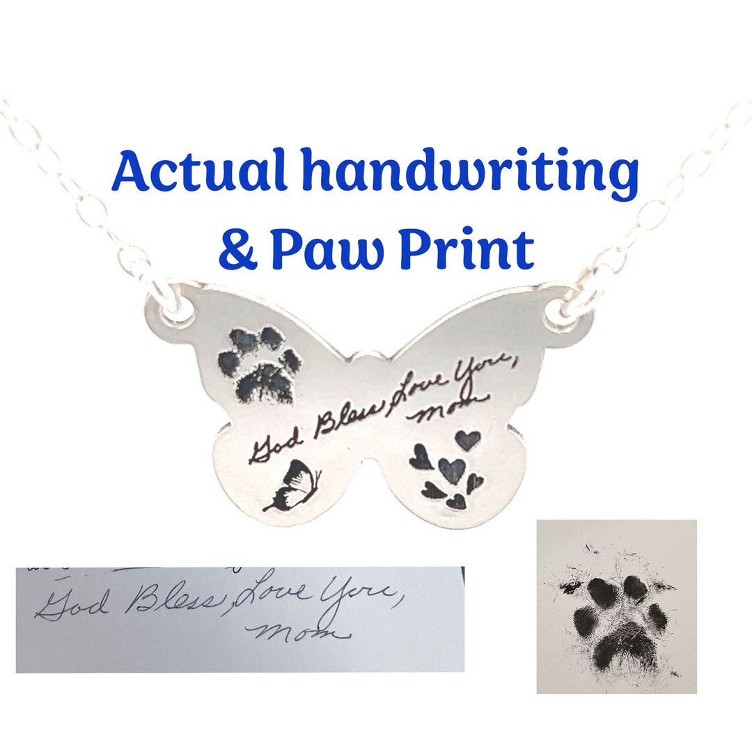 Actual Handwriting and Dog Paw Print Necklace, Sterling Silver, Pet ...