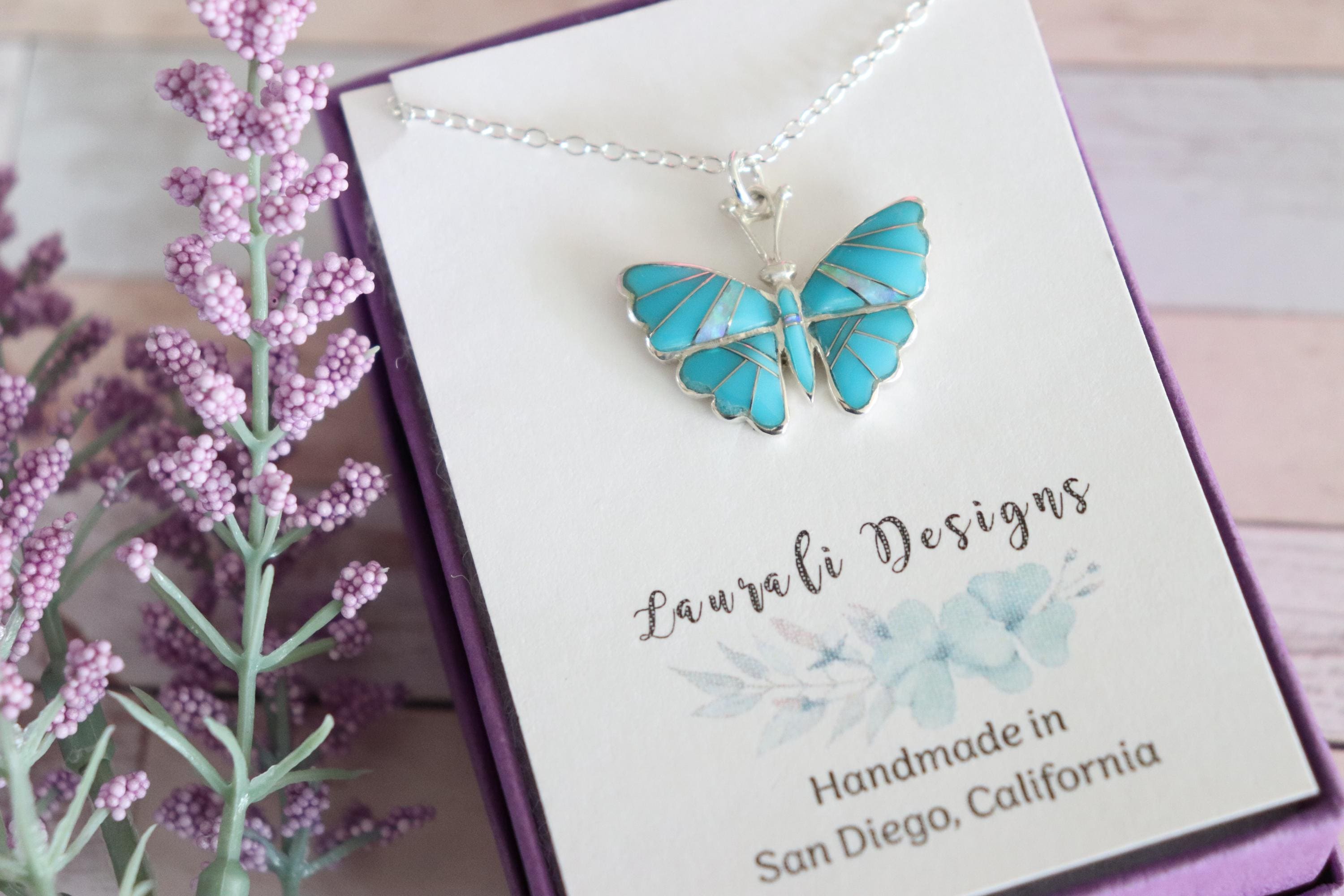 Butterfly Turquoise and Opal Necklace, Sterling Silver, Colorful Gift ...