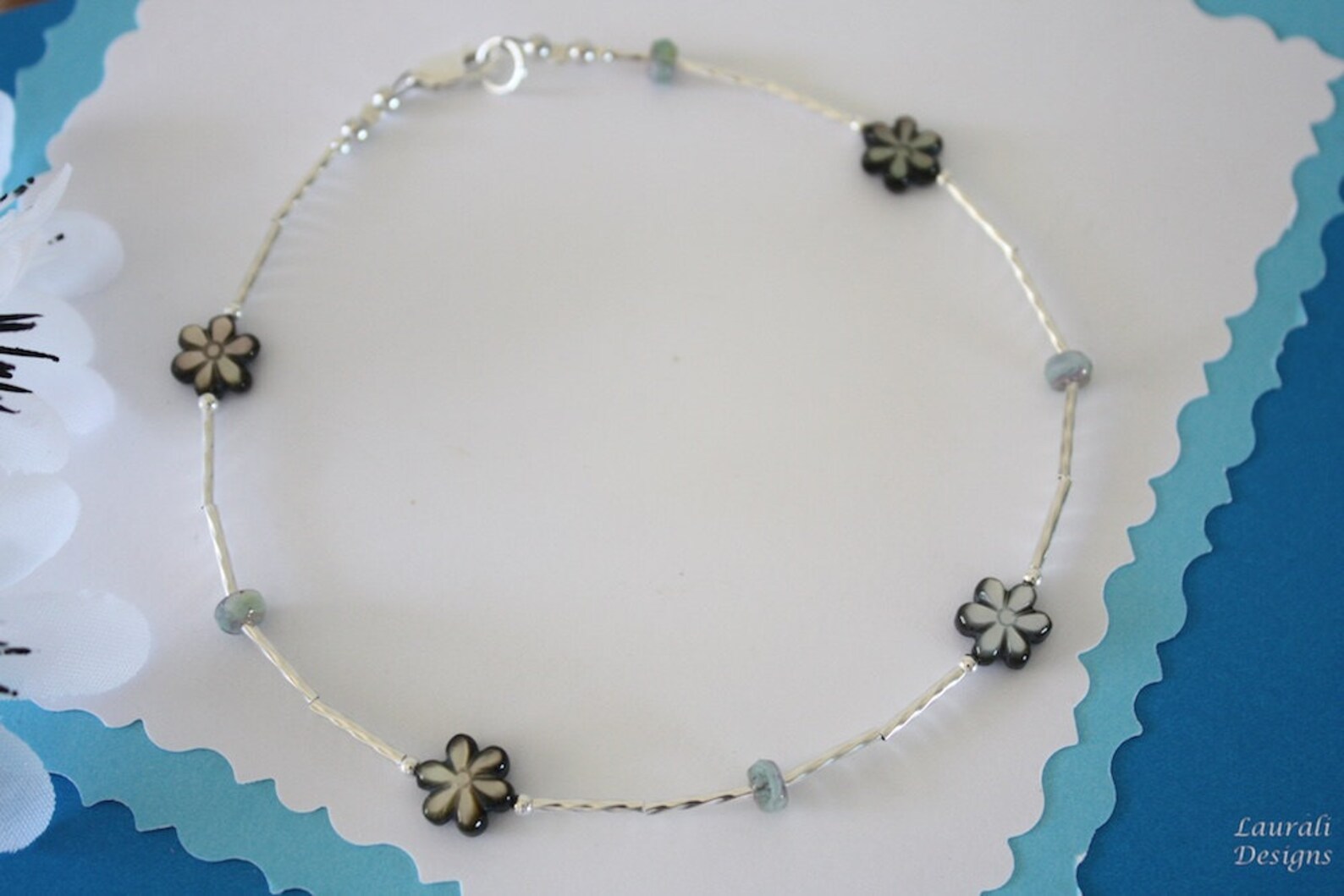 Flower Anklet Sterling Silver Grey Black Anklet Silver - Etsy