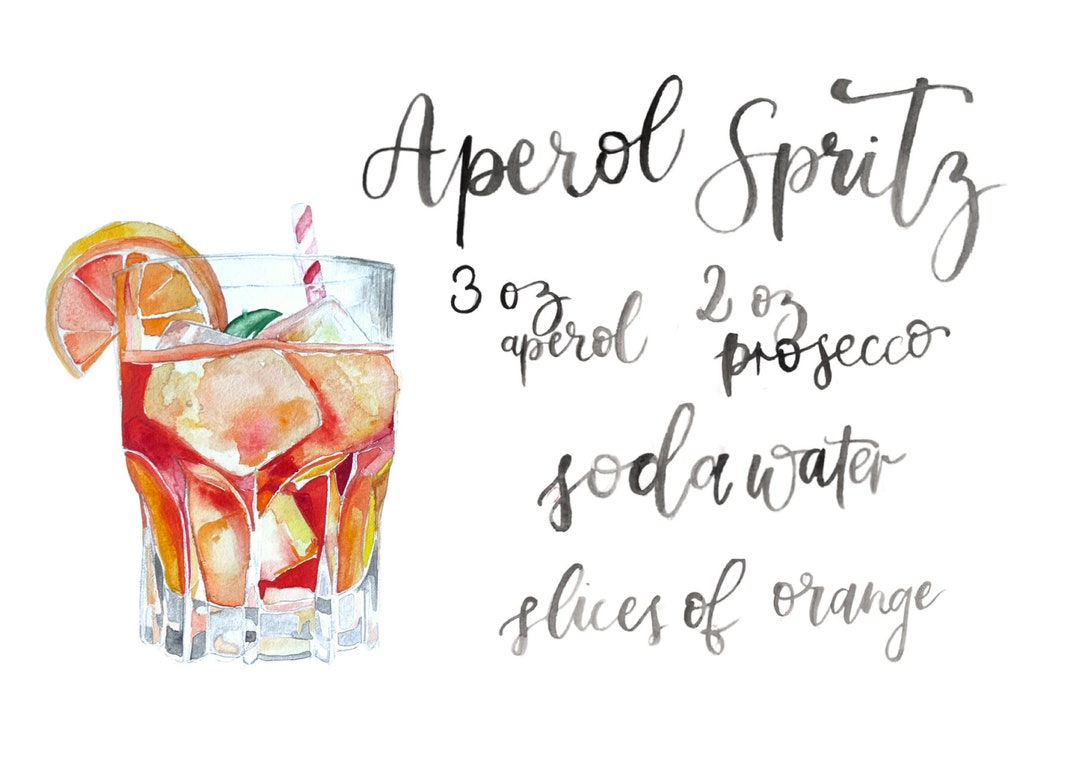 Aperol Spritz Watercolor Drawing, Aperol Recipe, Handlettering, PDF for ...