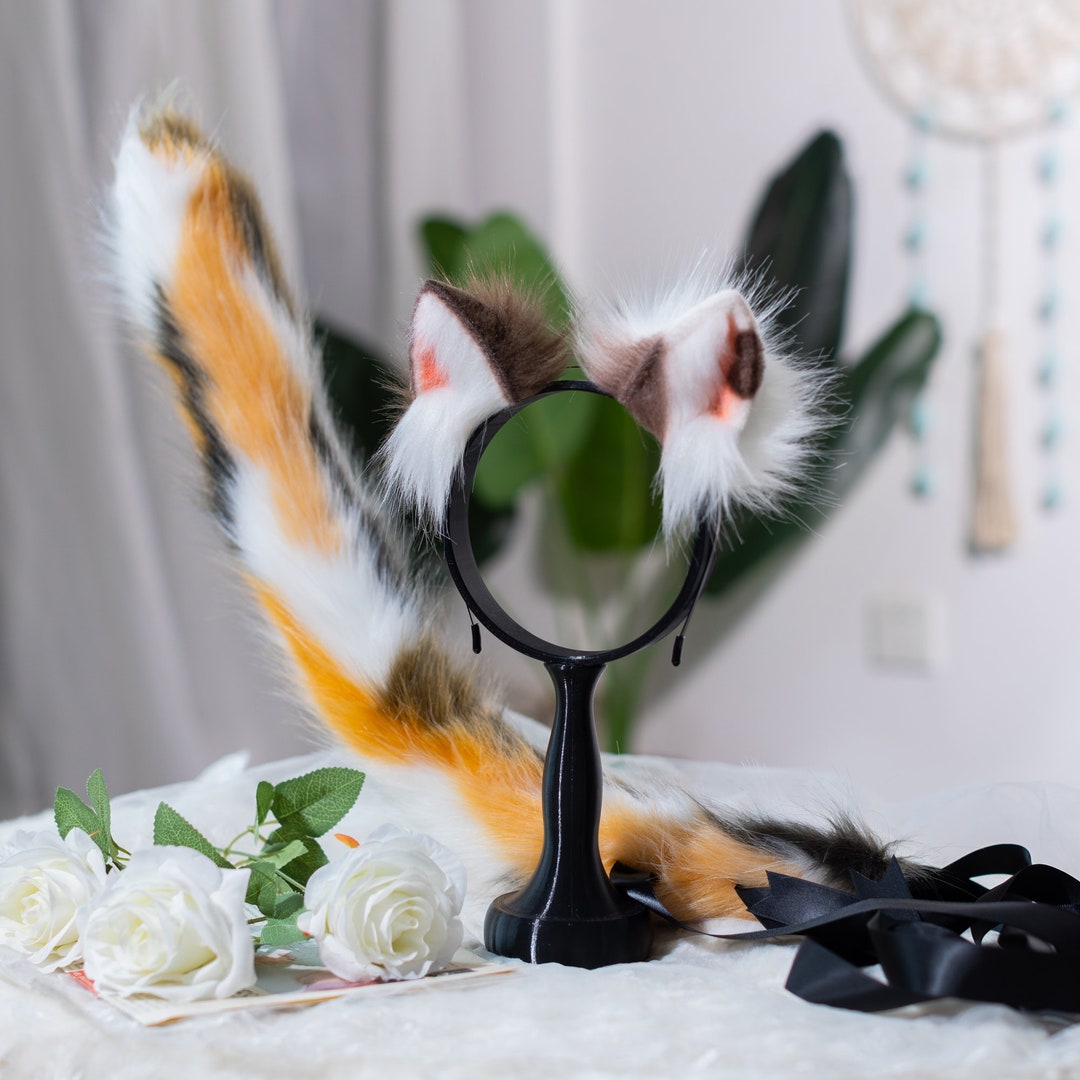 Tri-color Calico Cat Cosplay Set Realistic Faux Fur Ears and Tail for ...