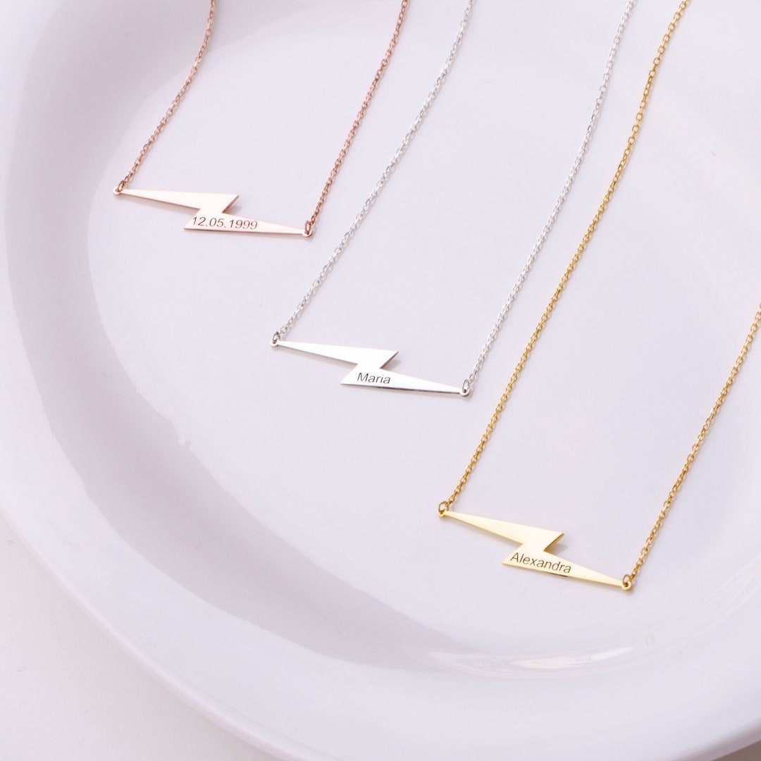 Custom Sterling Silver Lightning Bolt Name Necklace: Engraved Pendant ...
