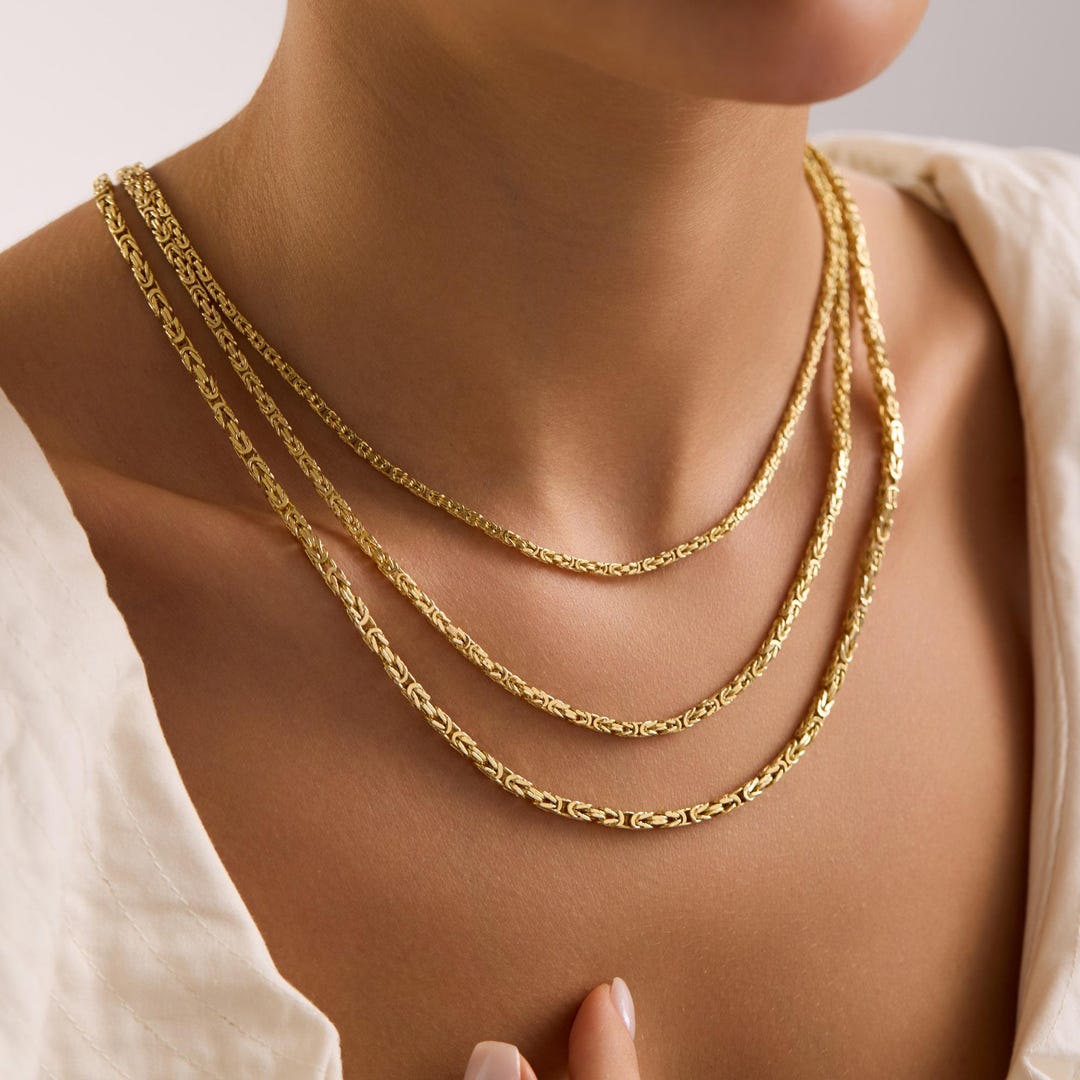 14K Gold Byzantine Chain Necklace, Real Gold 2.2mm–3mm, Real Gold ...