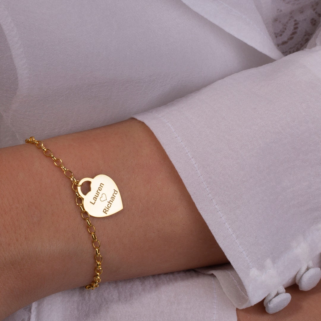 Heart Charm Name Bracelet, Personalized Couples Bracelet, Engraved Gold ...