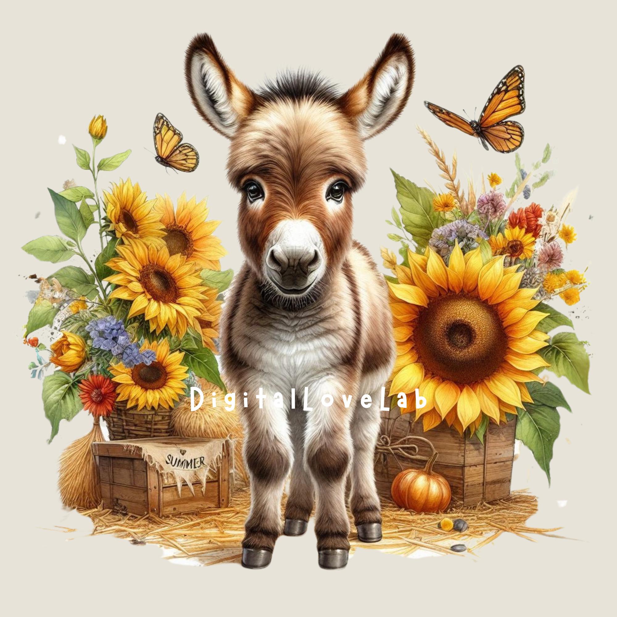 Floral Donkey Set of 10 PNG Clipart Flower Donkey Illustrations ...