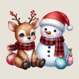 Snowman and Reindeer Clipart Set of 10 Clipart PNG Watercolor Christmas ...