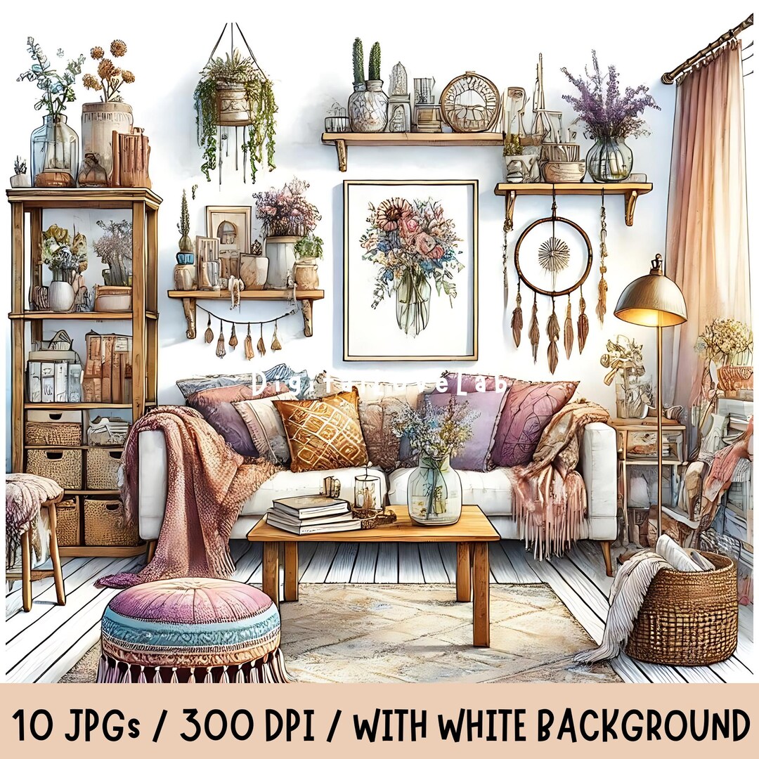 Watercolor Cozy Boho Living Room Clipart, Rustic Cozy Boho Decor ...