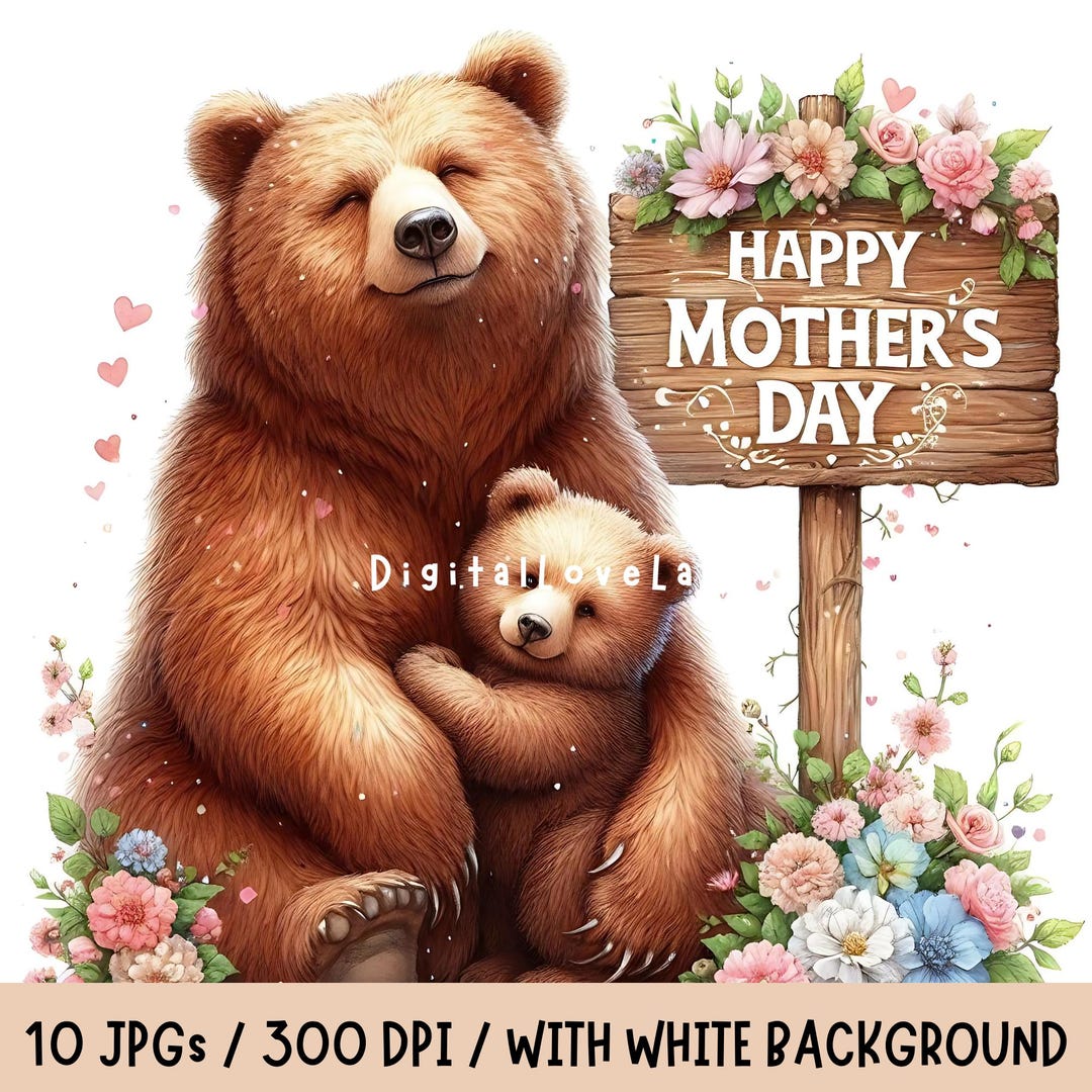Mother's Day Mama and Baby Bear Clipart Set of 10 JPG, Gift for Mums ...