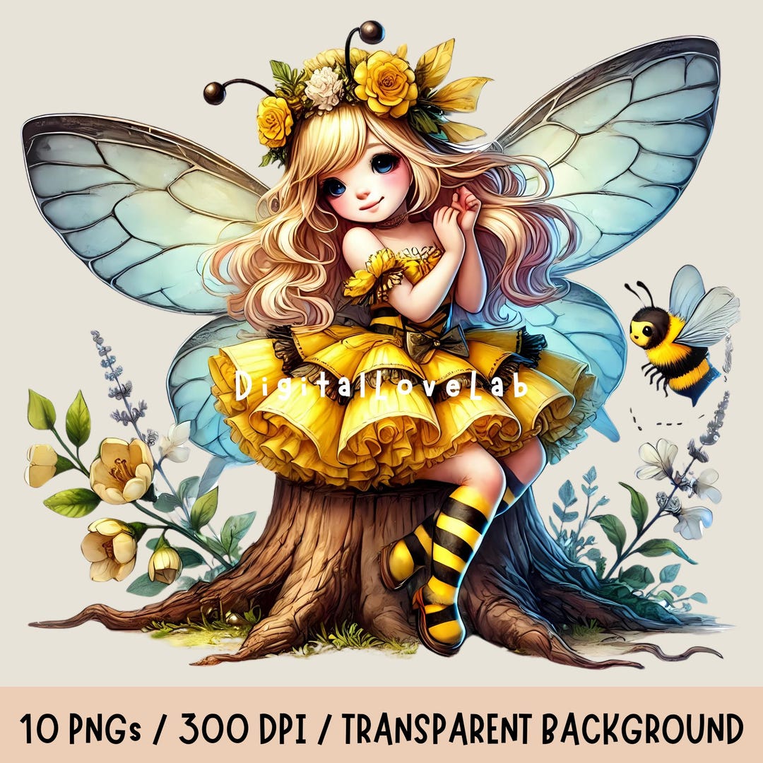 Fairy Clipart Set of 10 PNG Bumble Bee Fairy Watercolor Clipart Cute ...