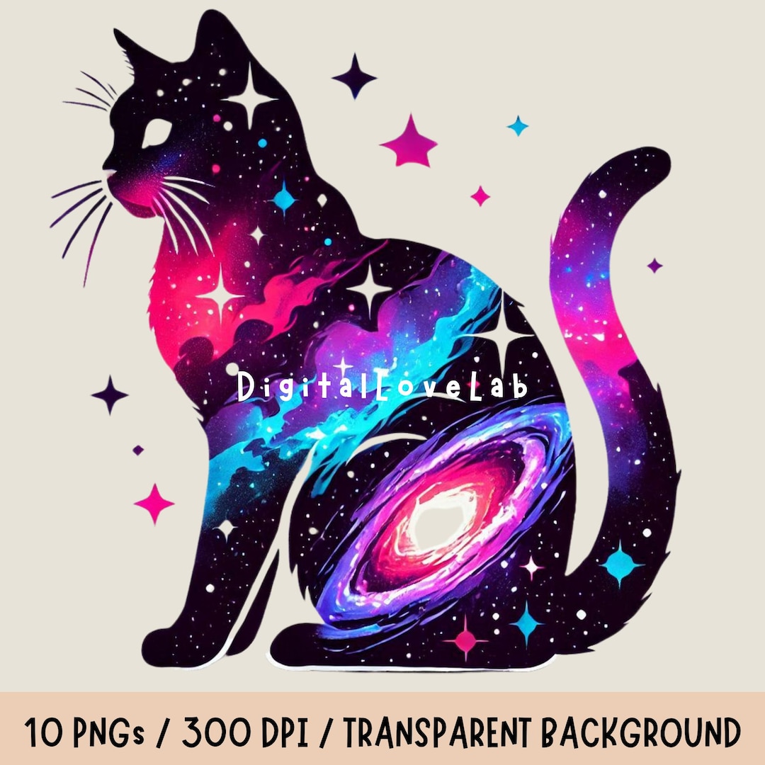 Galaxy Cats Clipart Set of 10 PNG, Cute Cat PNG Cartoon Cat Clip Art ...
