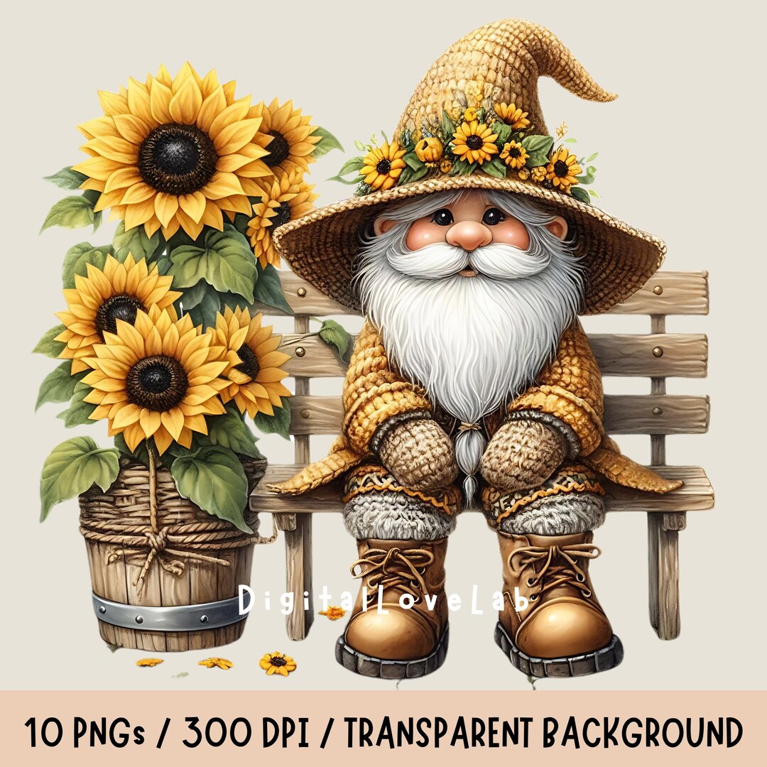 Sunflower Gnome PNG Clipart, Garden Gnome Watercolor Clipart, Gnome ...